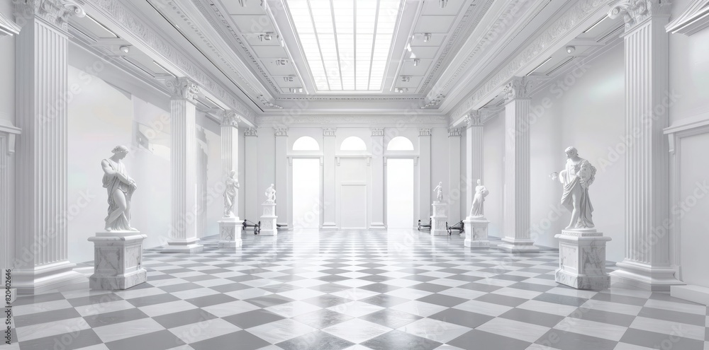 White marble statues and sculptures in an empty museum room with ...
