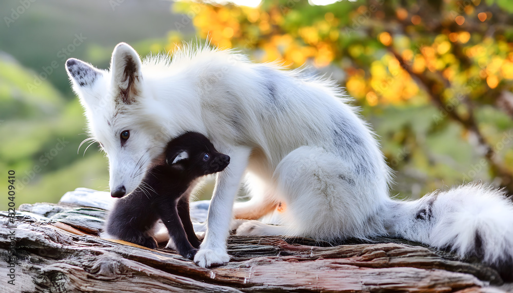 White arctic fox with black cub, gentle interaction, wildlife scene ...