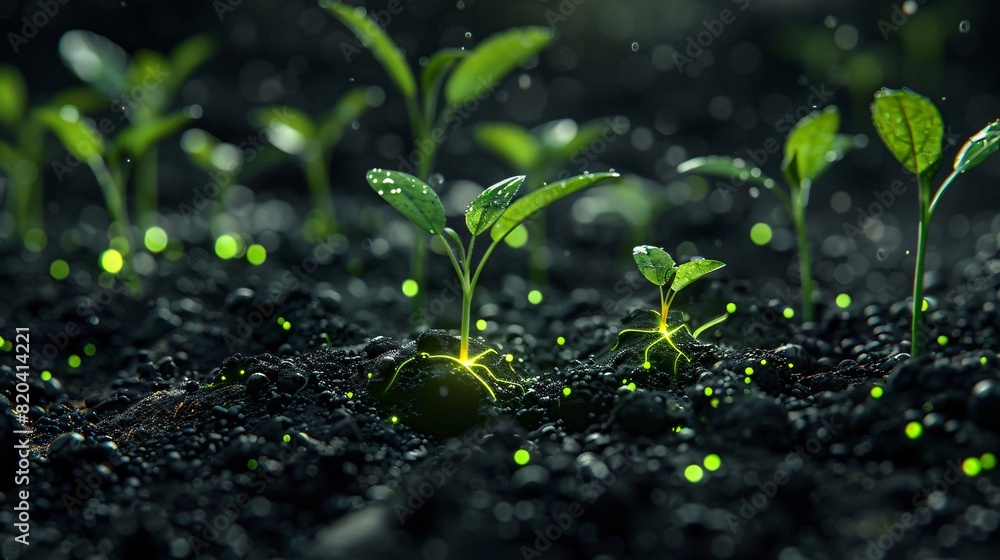 Young plants growing in dark soil illuminated by soft green glowing ...