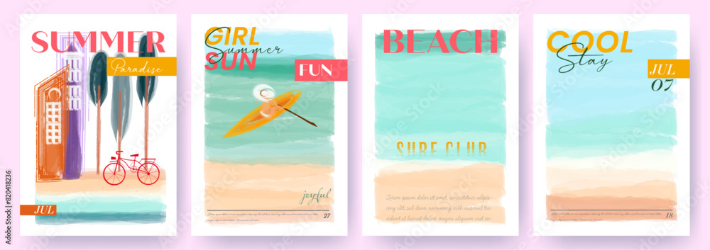 Set of watercolor summer posters with beach, landscape, bike, boat and ...