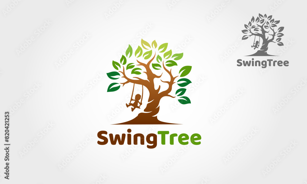Swing Tree Vector Logo Template. A child play the swing under the tree ...