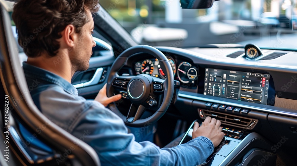 Handsome man driving a car. Hands on the wheel when driving at high ...