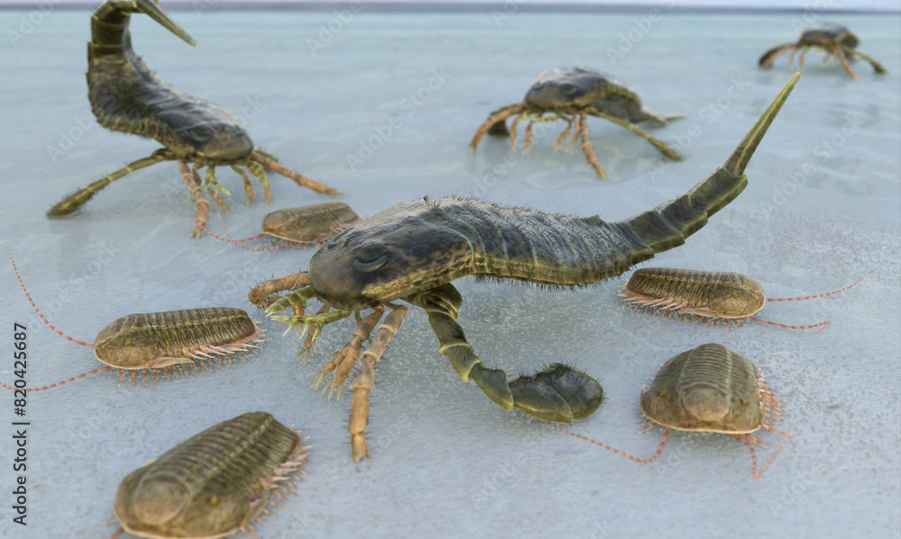 A 3D illustration of extinct Eurypterids (sea scorpions) and Trilobites ...