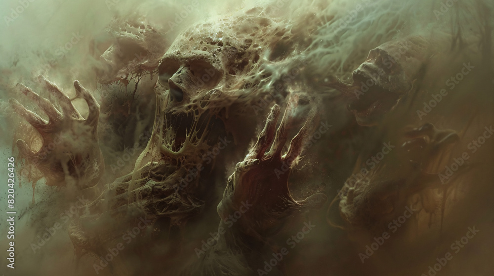 1. Image of a person with floating heads and body parts, surrounded by ...