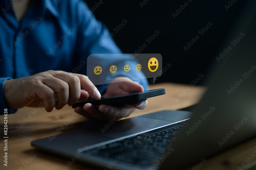 Customer service evaluation concept. The Businessman Is using a ...