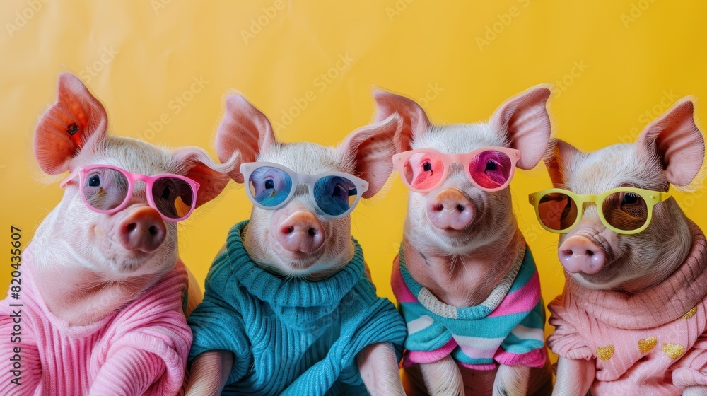 creative animals A group of piglet pigs in strange, mismatched and ...