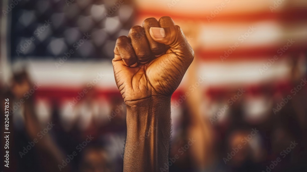 Raised fist of African American in front of US flag, symbolic fighting ...