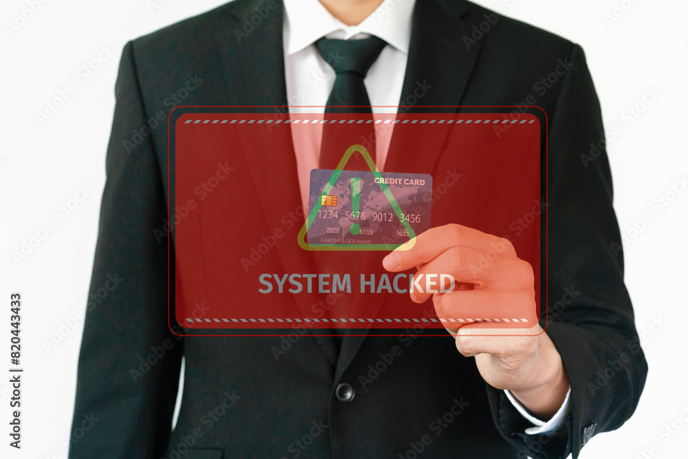 Customer watching hologram interface warn danger of credit card hacked ...