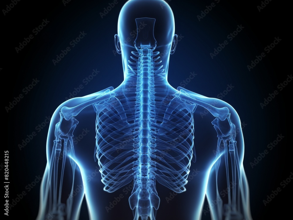 3D X-ray image of human skeletal system showing spine, ribs, and ...