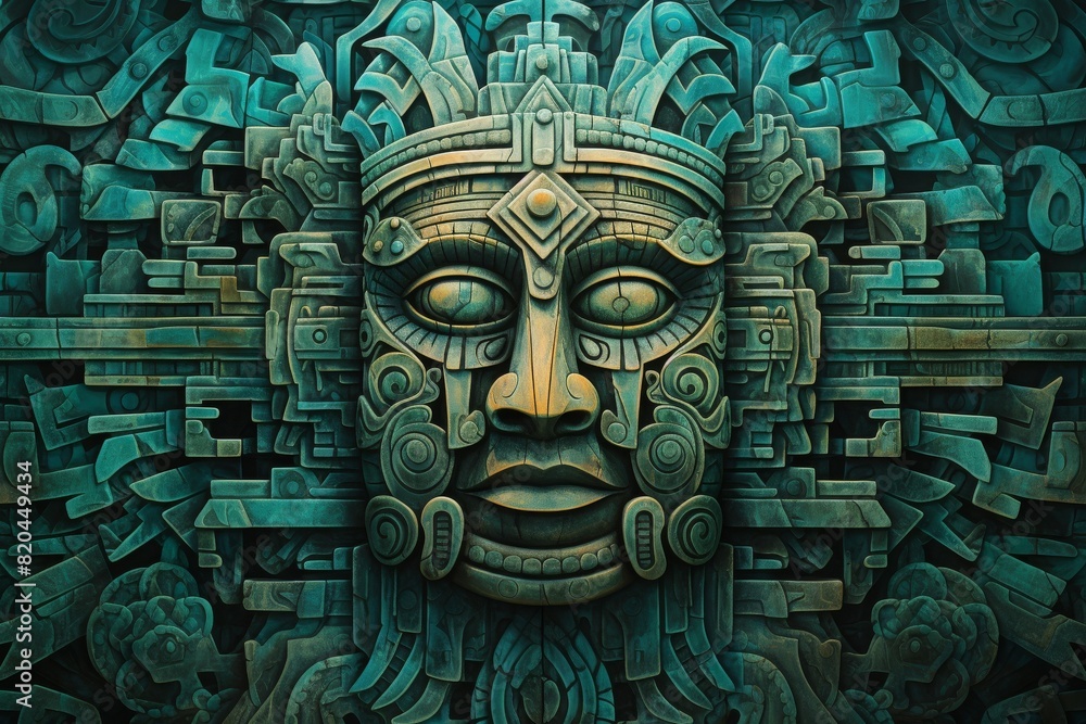 Intricate depiction of an ancient Aztec face sculpture in vibrant ...