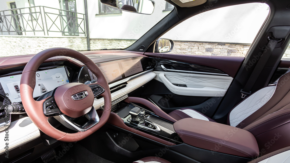 Novosibirsk, Russia - May 15, 2024: black Geely Monjaro , Interior of ...