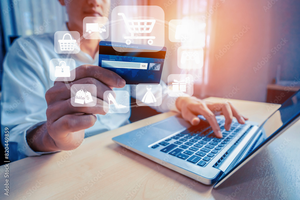 Elegant customer hold credit card with hologram interface choose online ...