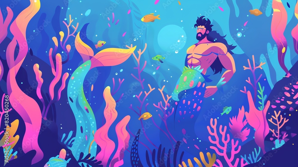 Merman flat design front view theme underwater kingdom animation ...