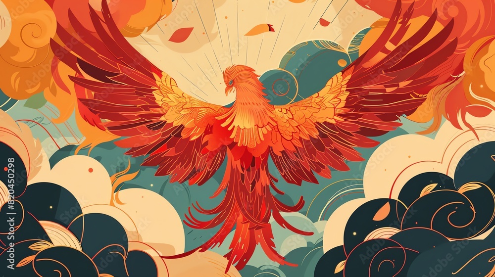 Phoenix flat design top view theme mythology cartoon drawing Analogous ...