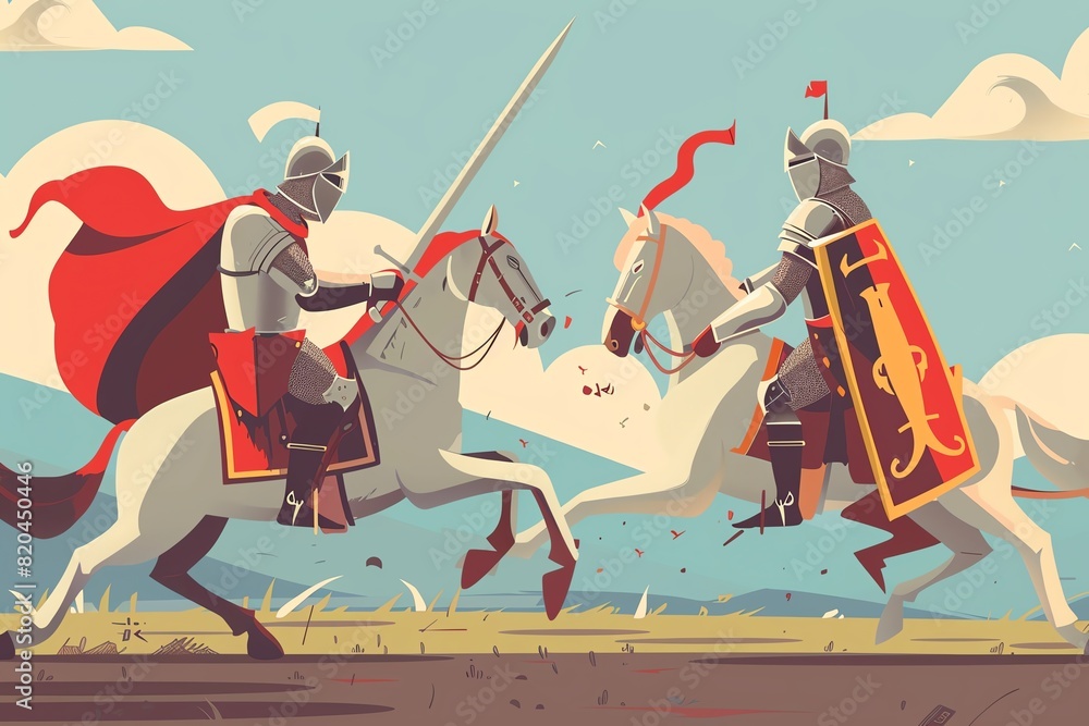 Knight flat design side view theme medieval battle cartoon drawing ...