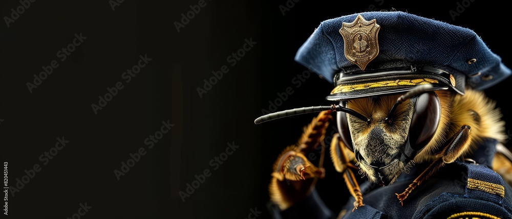 A bee in a police uniform, standing in a salute pose against a solid ...