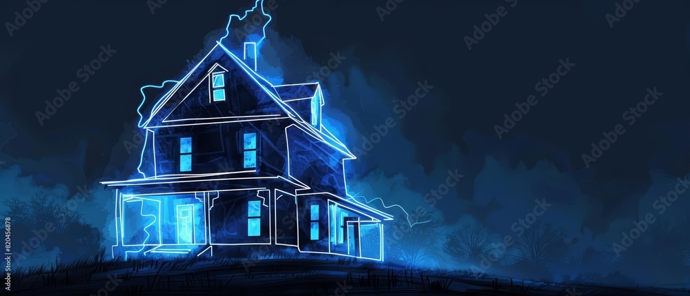 A watercolor clipart of a house with a softly glowing neon blue outline ...