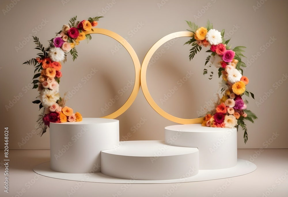 3 round-shaped podiums display podium with a floral and golden circle ...