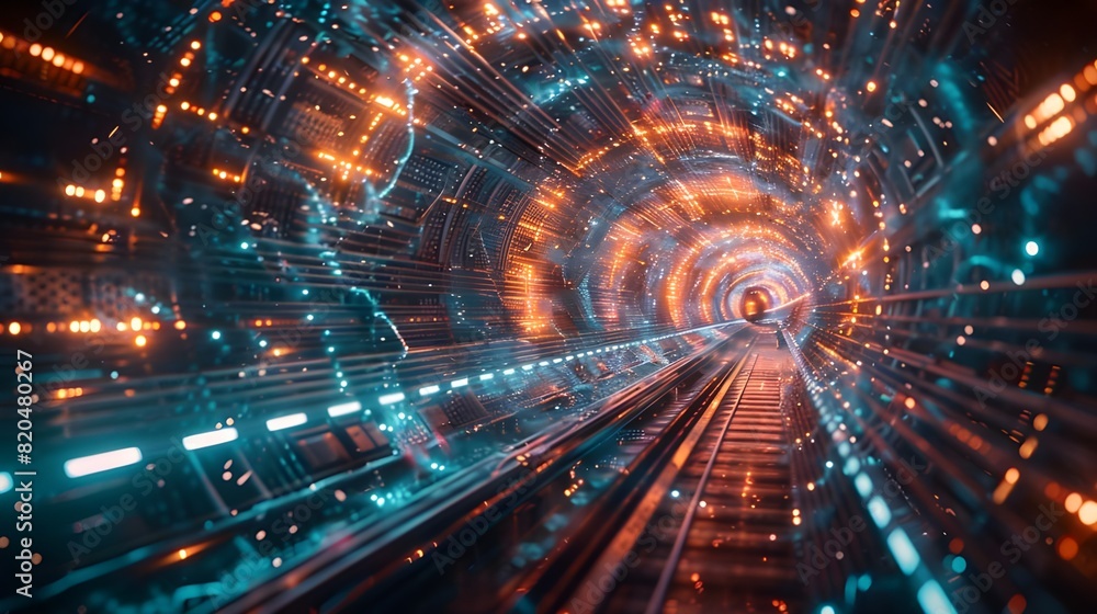 Futuristic background of 4D time vortex tunnel, illuminated by energy ...