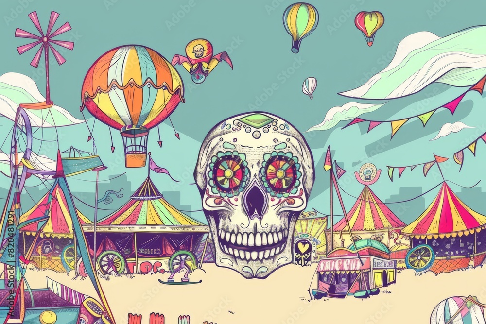 Cartoon cute doodles of a carnival skull with carnival rides and circus ...