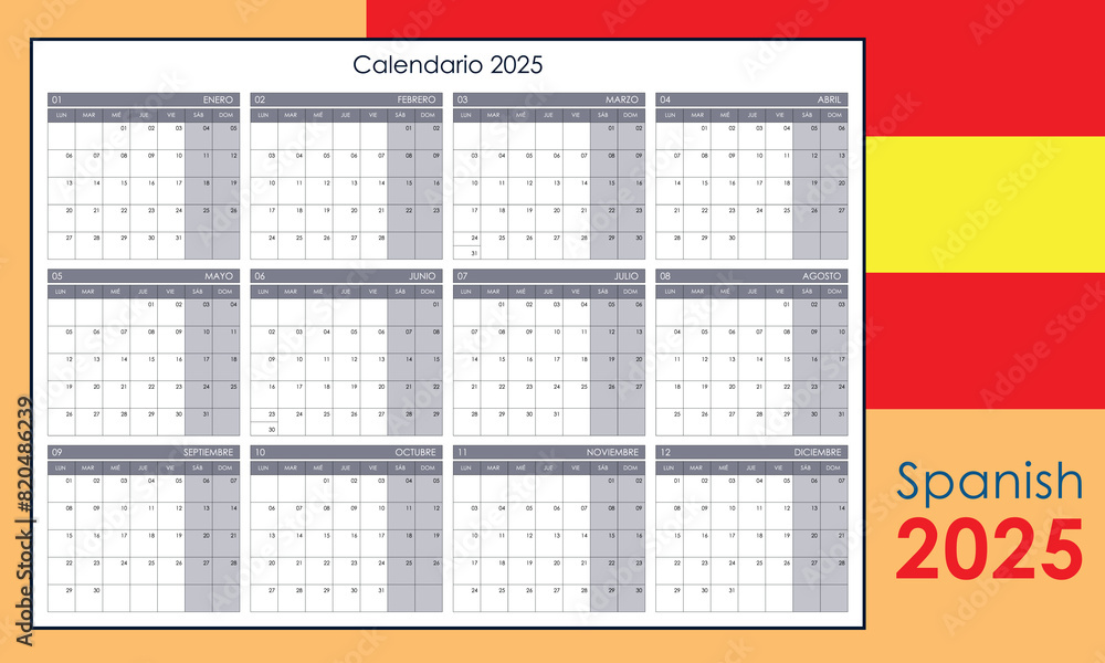 Planner for 2025 in Spanish, annual one page calendar with grid and ...