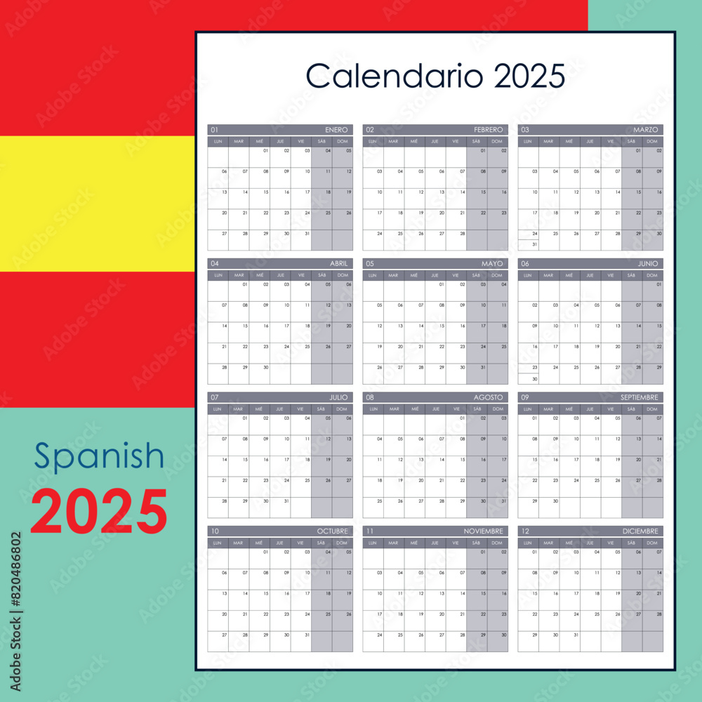 Grid calendar for 2025 in Spanish. Vertical wall planner with blank ...