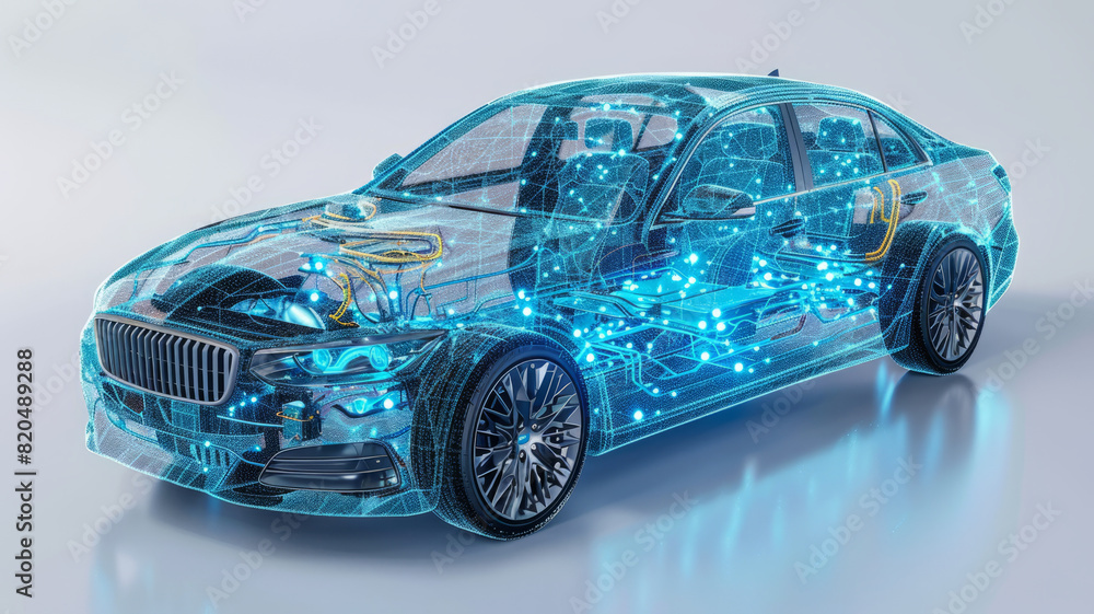 a 3d mesh of a car showing the wiring network inside,generative ai ...