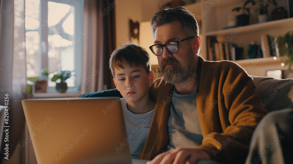 Father teaching kids to use laptop. illustrating elder people teach ...
