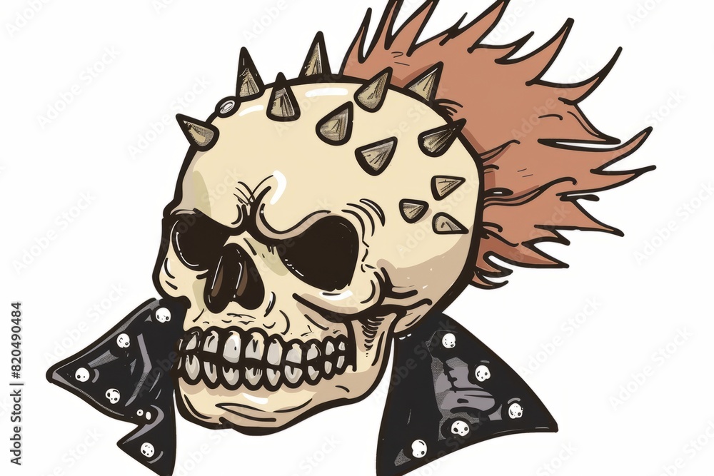 Cartoon cute doodles of a punk rock skull with spiked hair and a ...