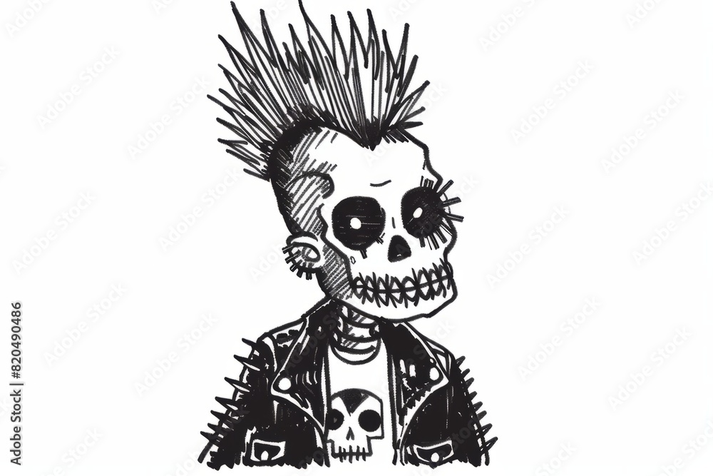 Cartoon cute doodles of a punk rock skull with spiked hair and a ...