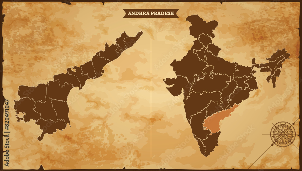Andhra Pradesh state map, India map with federal states in A vintage ...