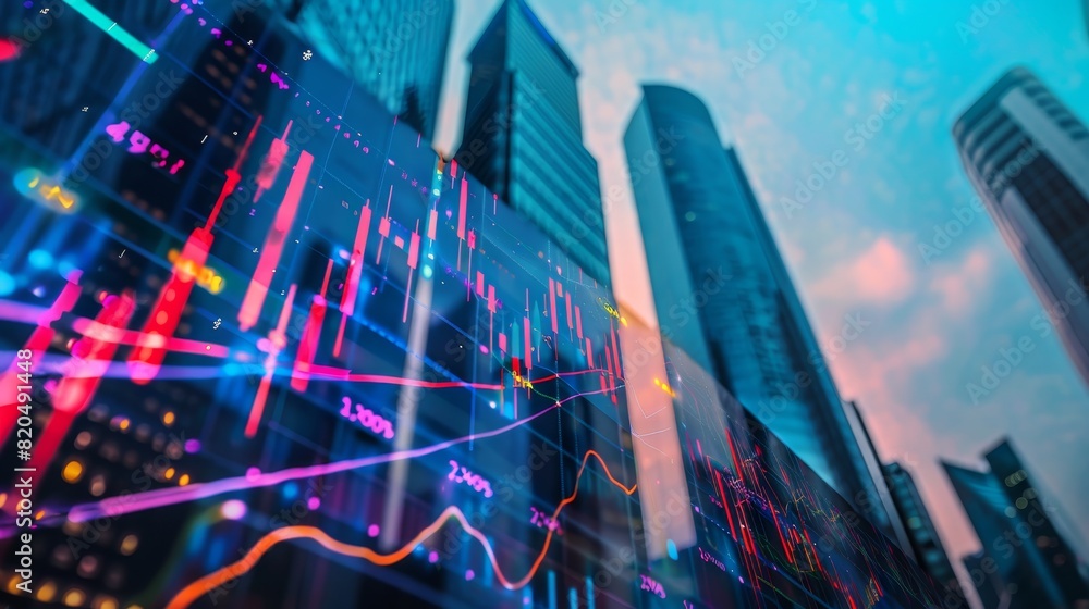 Stock market data chart projection on modern skyscrapers in the city at ...