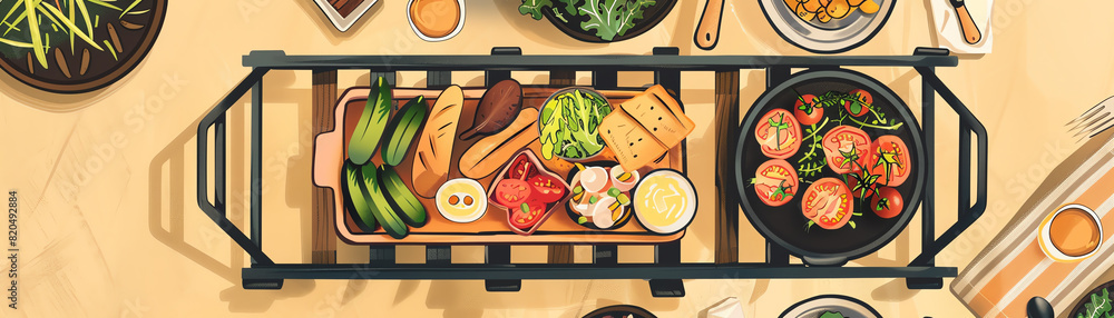 Gourmet trolley flat design, top view, urban theme, cartoon drawing ...