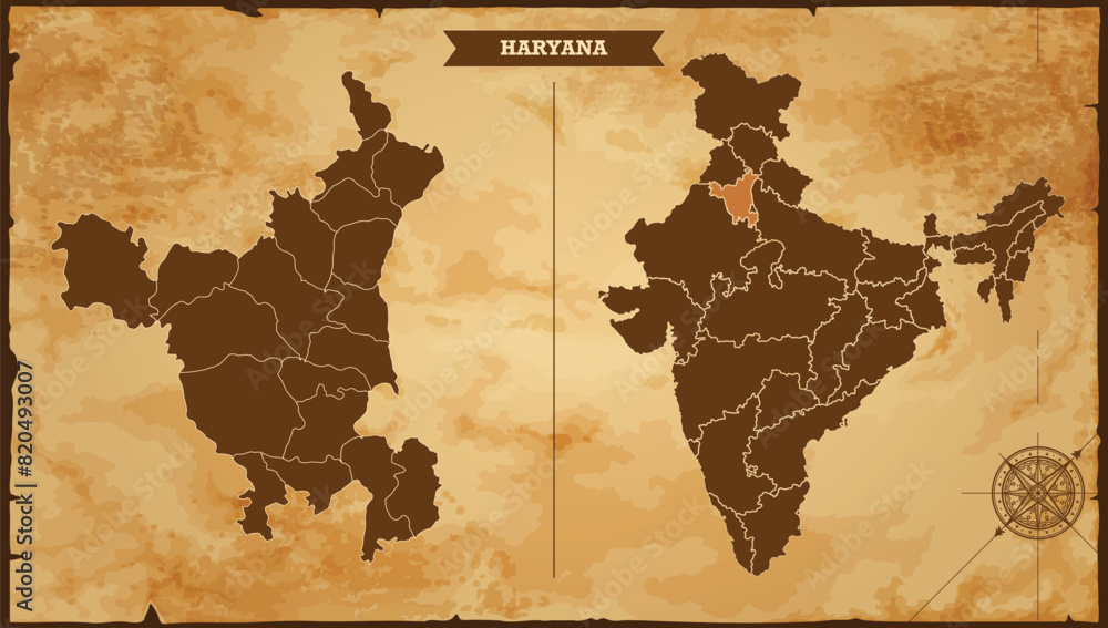 Haryana state map, India map with federal states in A vintage map based ...