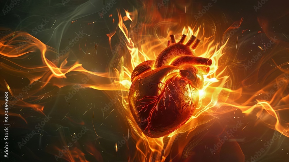 A human heart enveloped in dark flames, depicting the passion and ...