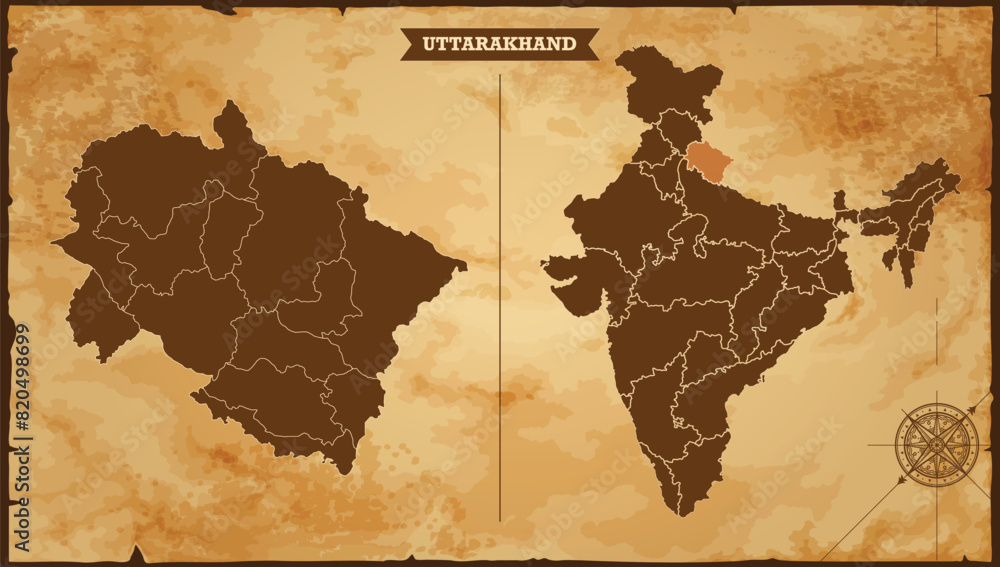 Uttarakhand state map, India map with federal states in A vintage map ...
