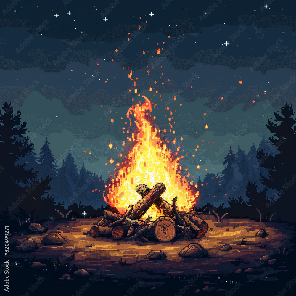fire in the forest, pixel art illustration of a campfire in the forest ...