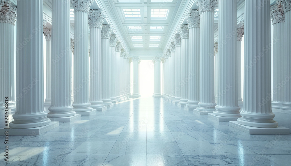 Present the symmetry of classical columns in a grand hall, close up ...