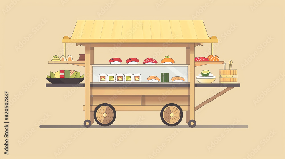 Mobile sushi trolley flat design, side view, elegant theme, cartoon ...