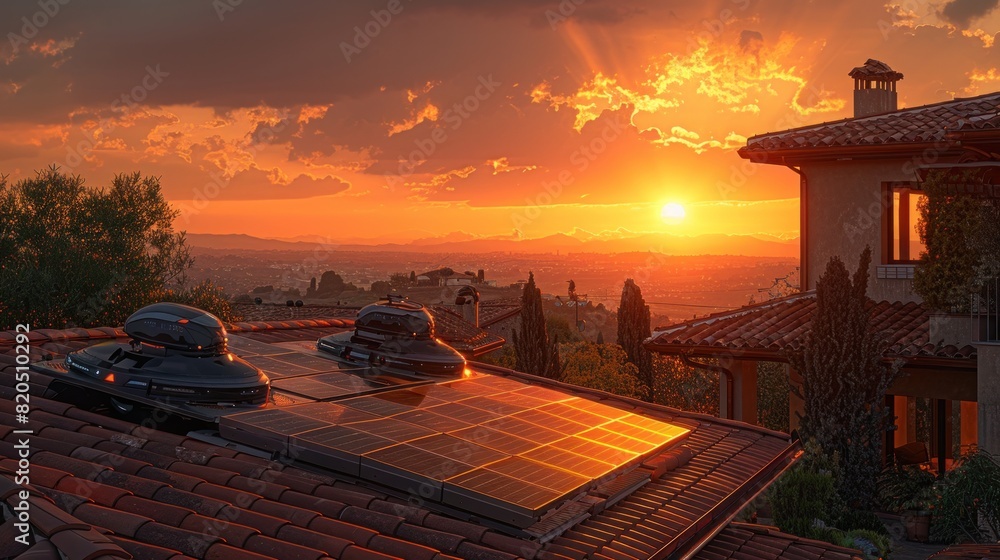 High-detail depiction of a robot mounting curved solar tile panels on a ...