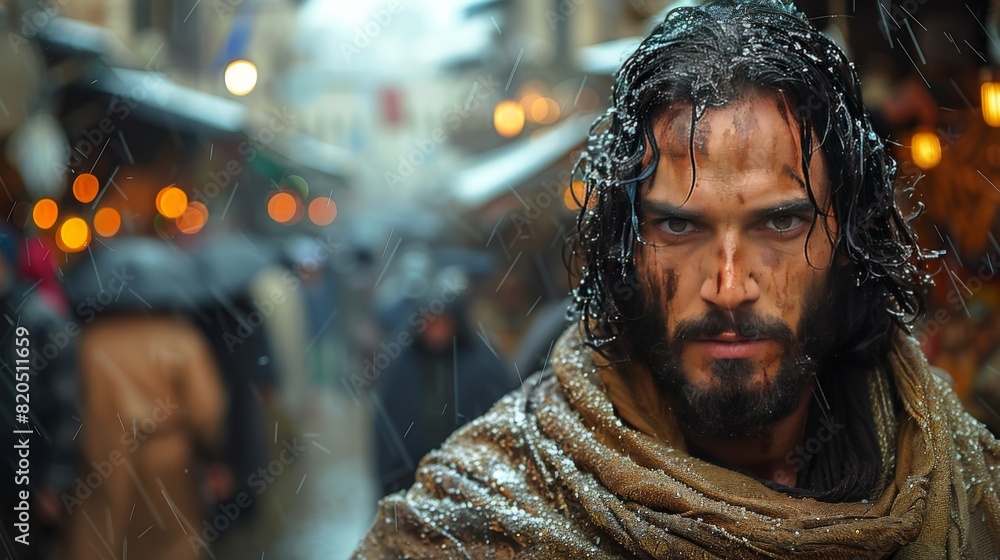 Jesus walking the streets of Jerusalem. biblical cinematic scene ...