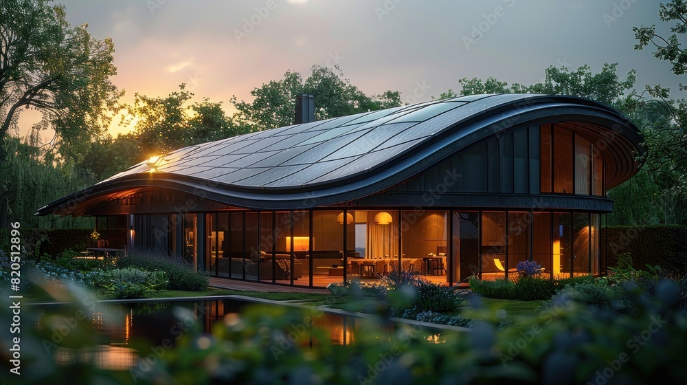 Ultra-realistic image of a curved solar tile panel system installed by ...