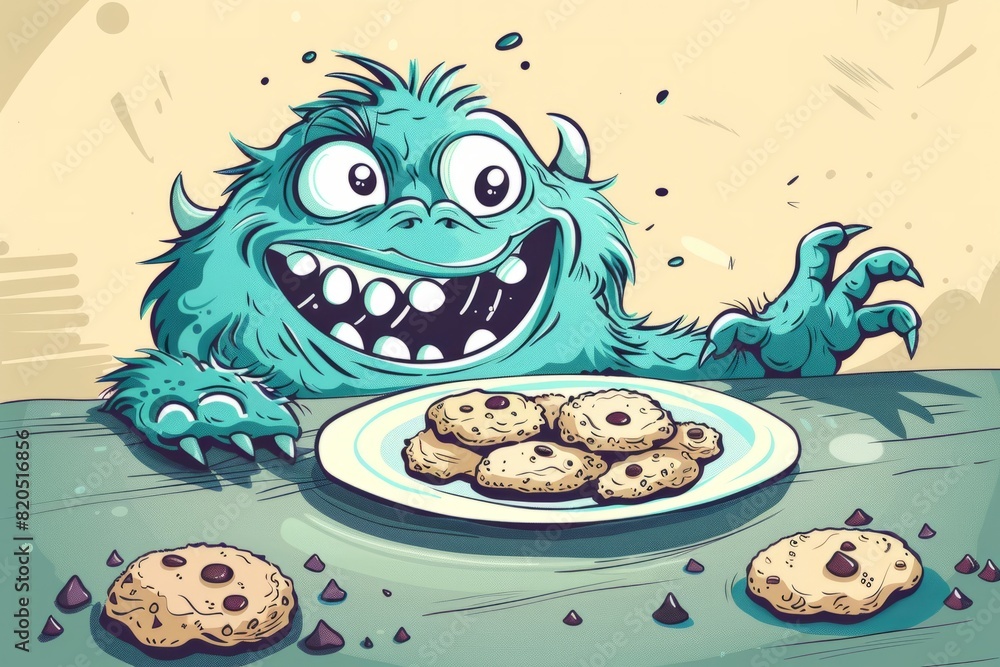 Cartoon cute doodles of a monster reaching for a plate of warm ...