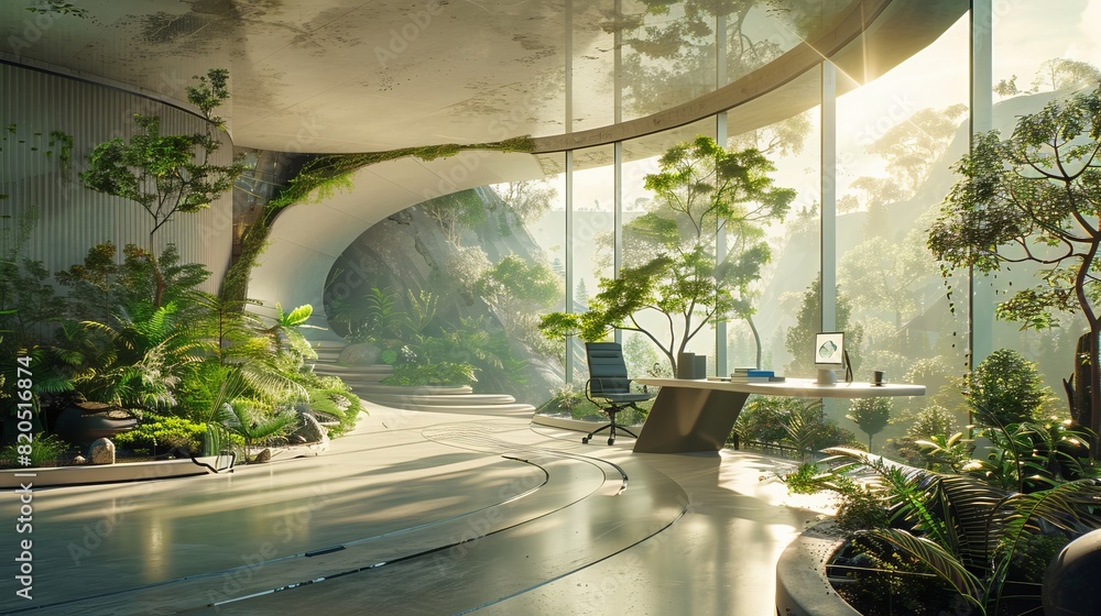 Capture an indoor photo of a hyper-detailed, dystopian future office ...