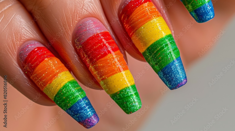 Hand with rainbow-colored nails representing LGBTQ pride, perfect for ...