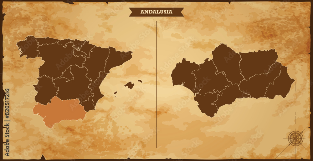Andalusia state map, Spain map with federal states in A vintage map ...