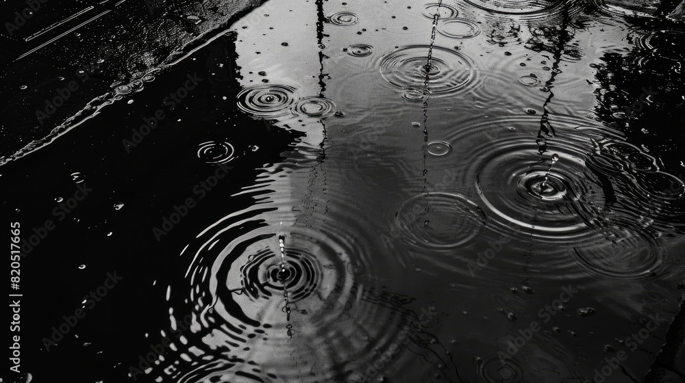 A dramatic black-and-white photograph capturing raindrops falling into ...