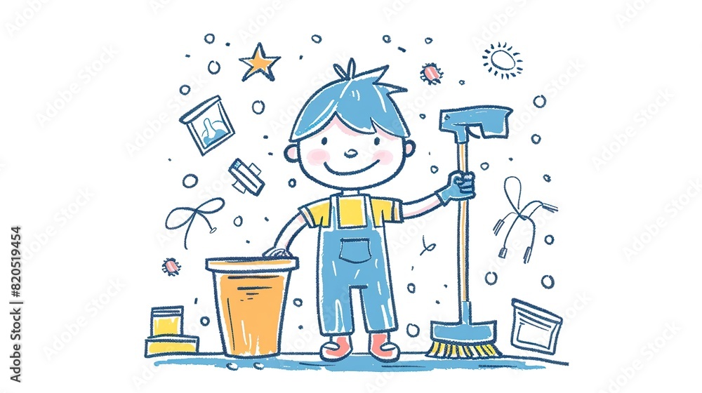 Doodle element of child being surrounded by various cleaning tools and ...