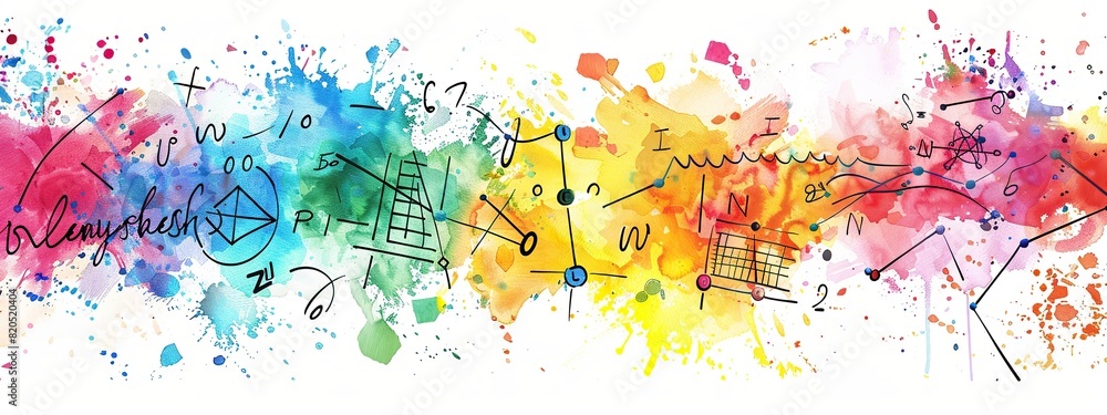 Colorful drawing of math doodle elements shapes and numbers in hand ...
