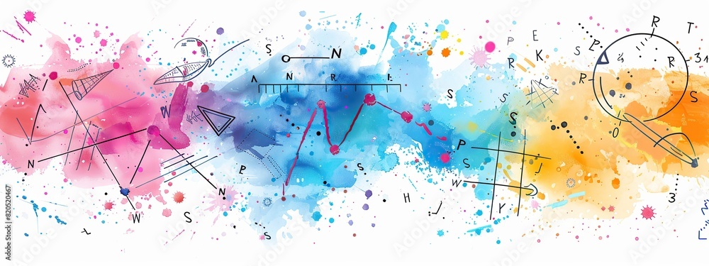 Colorful drawing of math doodle elements shapes and numbers in hand ...